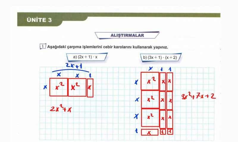 Aşağıdaki çarpma işlemlerini cebir karolarını kullanarak yapınız ...