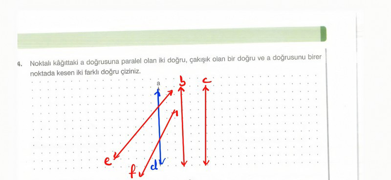 Noktalı kağıtta a doğrusuna paralel olan iki doğru çakışık olan bir ...