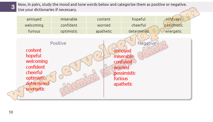 Now, in pairs, study the mood and tone words below and categorize them as positive or negative ...