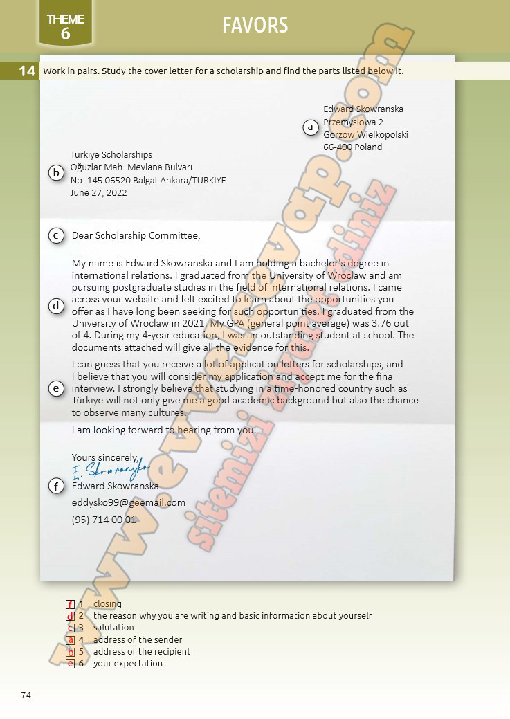 Work in pairs. Study the cover letter for a scholarship and find the parts listed below it.
