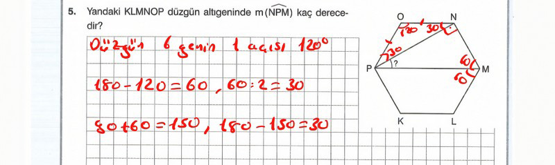 Yandaki KLMNOP düzgün altıgeninde m(NPM) kaç derecedir?