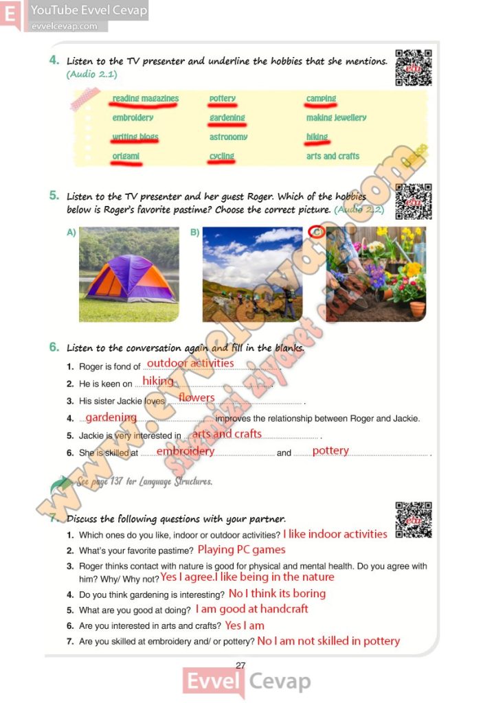 11. Sınıf İngilizce Ders Kitabı Cevapları Yıldırım Yayınları Sayfa 27