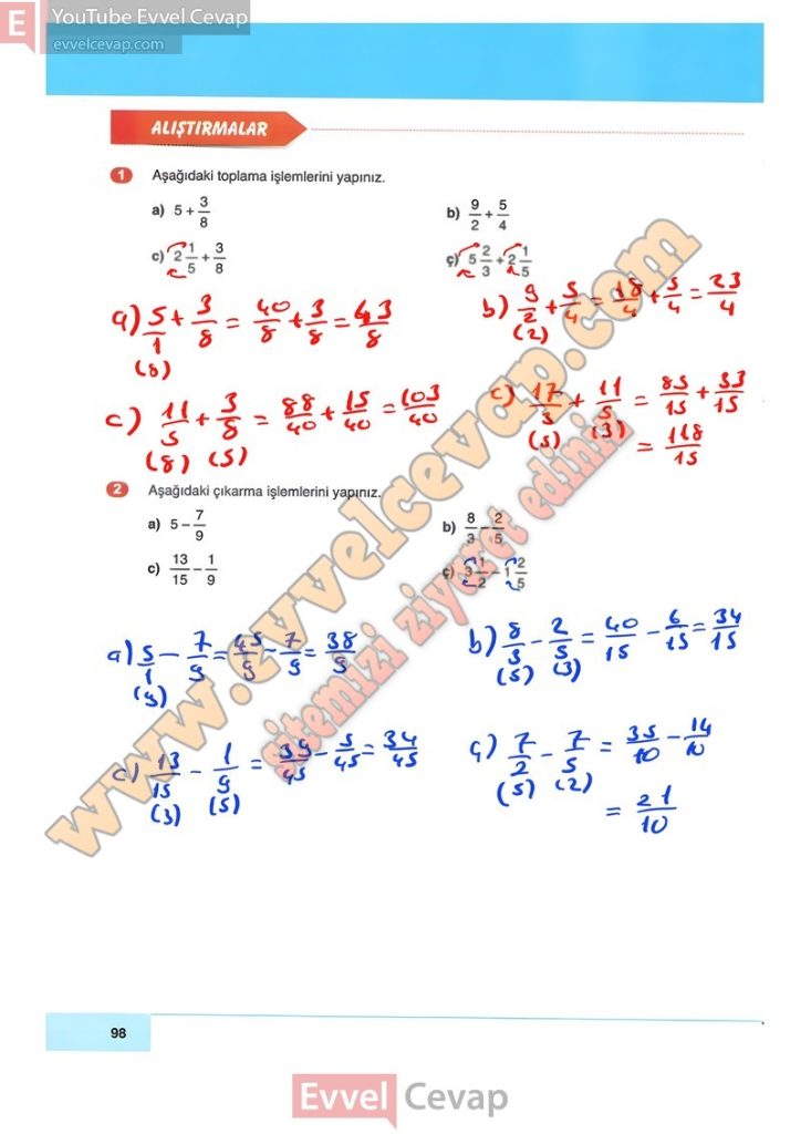 6. Sınıf Matematik Ders Kitabı Cevapları Doğa Yayınları Sayfa 98