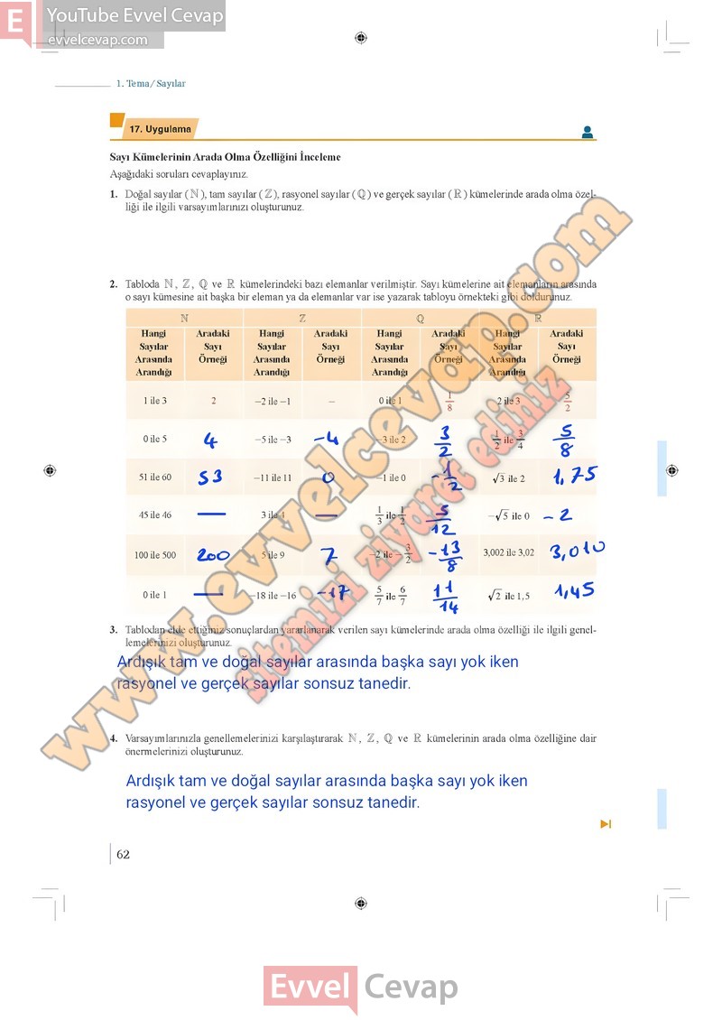 9. Sınıf Matematik Ders Kitabı Cevapları Meb Yayınları (1. Kitap) Sayfa 62