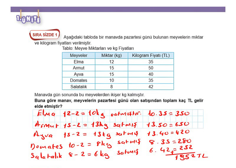 Aşağıdaki tabloda bir manavda pazartesi günü bulunan meyvelerin miktar ...
