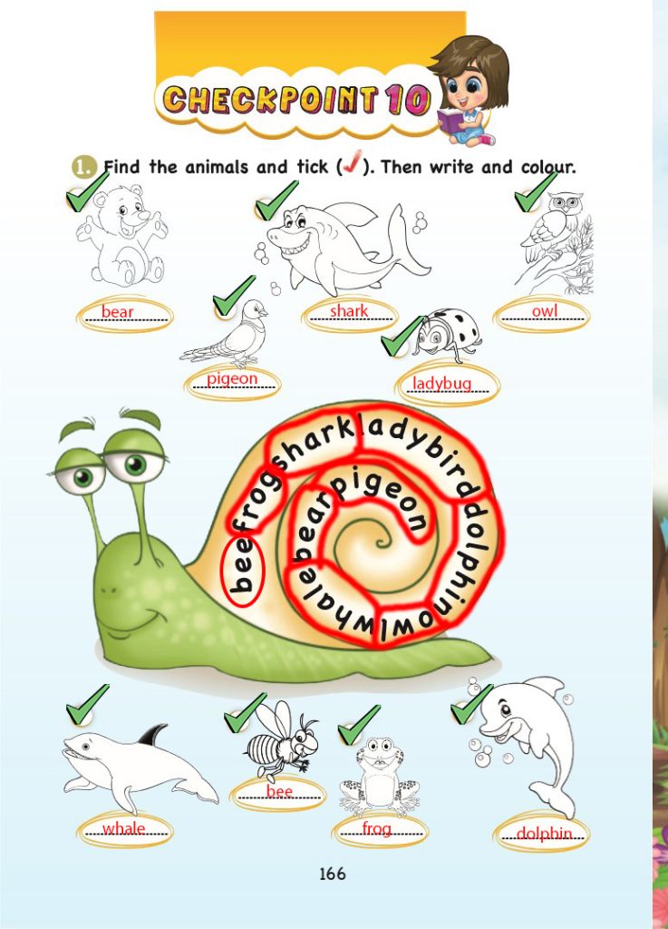 Find the animals and tick ( ). Then write and colour.