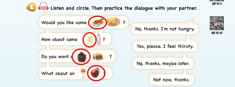Listen and circle. Then practice the dialogue with your partner.