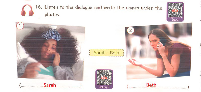 Listen to the dialogue and write the names under the photos.