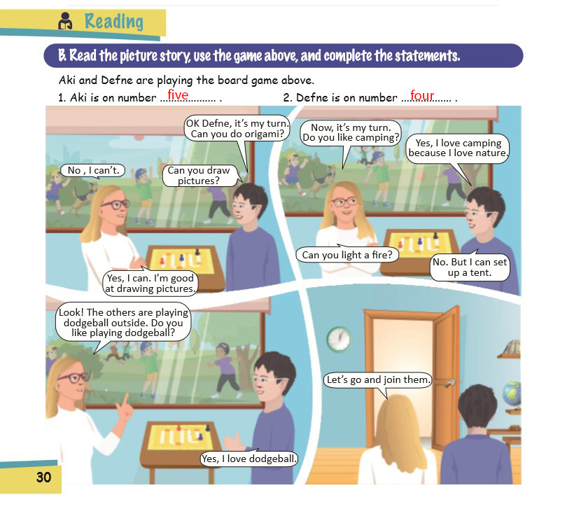 Read the picture story, use the game above, and complete the statements.