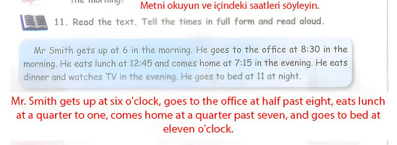 Read the text. Tell the times in full form and read aloud. - Evvel Cevap