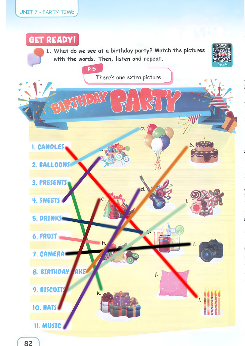 What do we see at a birthday party? Match the pictures with the words ...