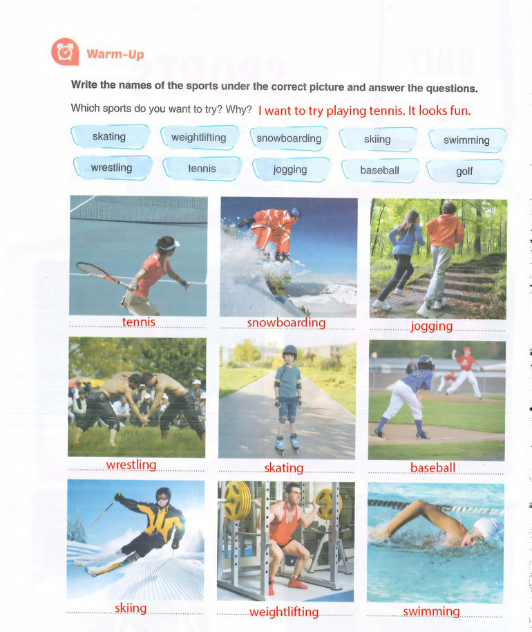 Write the names of the sports under the correct picture and answer the ...