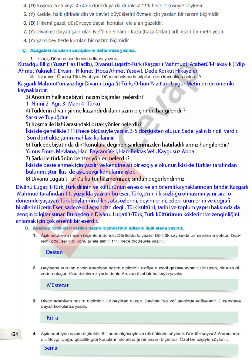 10. Sınıf Edebiyat Ders Kitabı Cevapları Beşgen Yayınları Sayfa 133-134-135-136-137-138-139-140