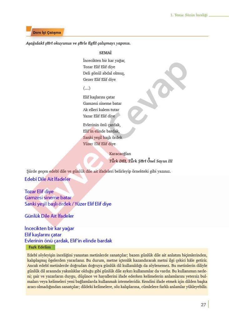 9. Sınıf Edebiyat Ders Kitabı Cevapları Meb Yayınları Sayfa 21-22-23-24-25-26-27-28-29-30-31-32