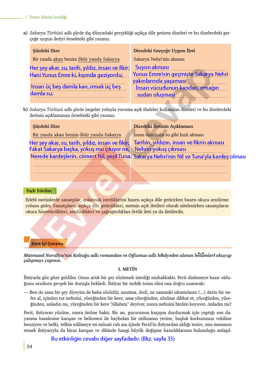 9. Sınıf Edebiyat Ders Kitabı Cevapları Meb Yayınları Sayfa 33-34-35-36-37
