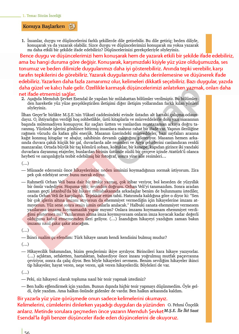 9. Sınıf Edebiyat Ders Kitabı Cevapları Meb Yayınları Sayfa 56-57-58-59-60-61-62