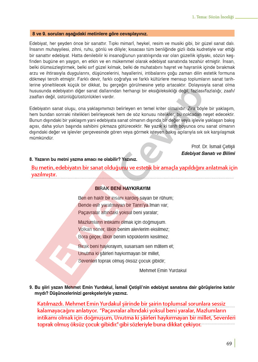 9. Sınıf Edebiyat Ders Kitabı Cevapları Meb Yayınları Sayfa 67-68-69-70-71