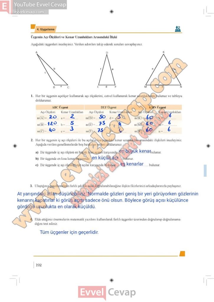 9. Sınıf Matematik Ders Kitabı Cevapları Sayfa 191-192-193-194-195-196-197
