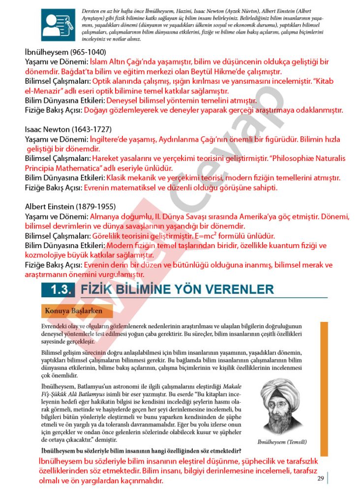 9. Sınıf Fizik Ders Kitabı Cevapları Sayfa 29-30-31-32-33-34-35