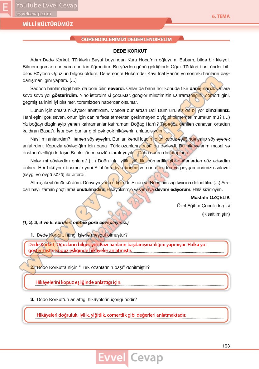 7. Sınıf Özgün Yayıncılık Türkçe Ders Kitabı Cevapları Sayfa 191-192 ...