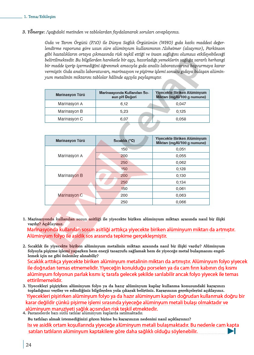 9. Sınıf Kimya Ders Kitabı Cevapları Sayfa 20-21-22-23-24