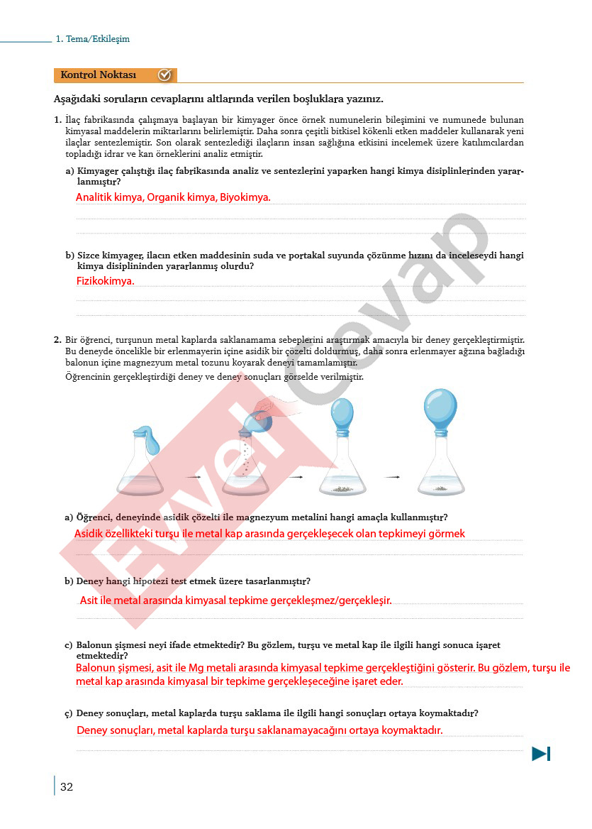 9. Sınıf Kimya Ders Kitabı Cevapları Sayfa 26-27-28-29-30-31-32-33-34