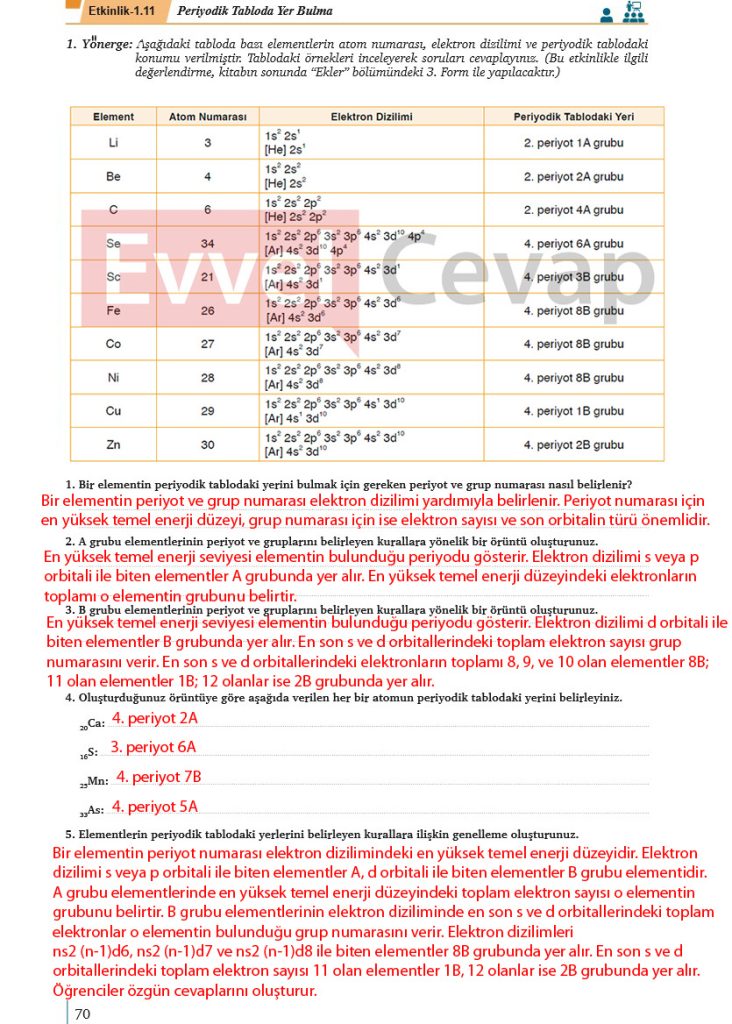 9. Sınıf Kimya Ders Kitabı Cevapları Sayfa 69-70-71-72